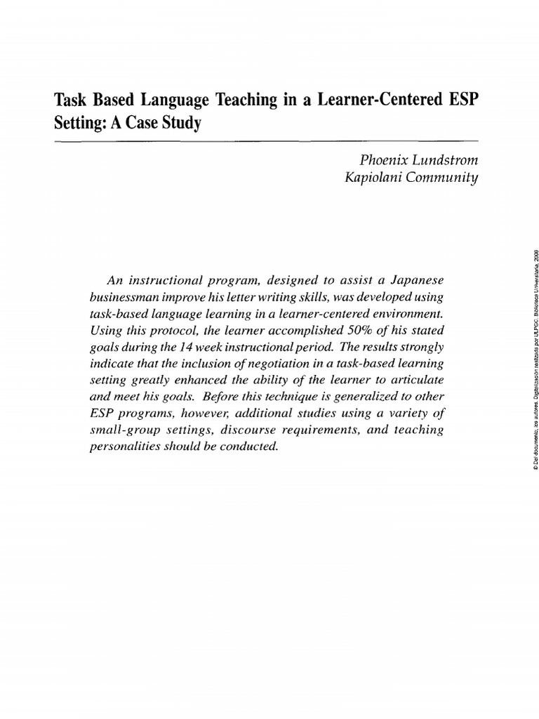 Task Based Language Teaching in A Learner-Centered ESP Setting: A Case ...