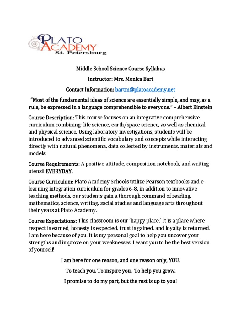 Middle School Science Course Syllabus 1 1 | PDF | Curriculum | Science