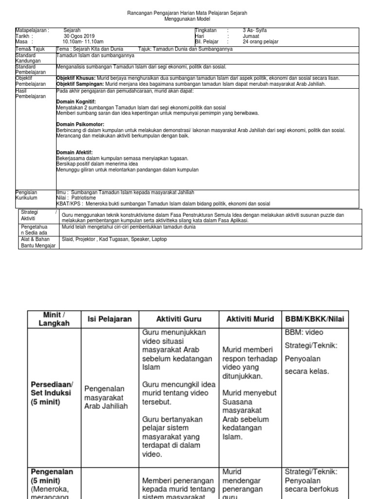 RPH Minggu Kelima Sejarah t3 | PDF
