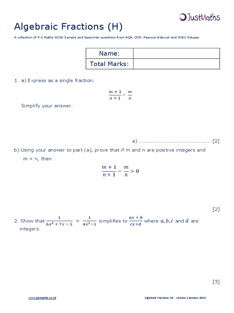 GCSE Algebraic Fractions Practice Questions | PDF | Fraction ...