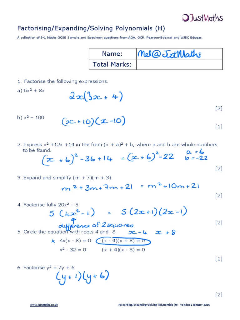 Algebra H Factorising Expanding Solving Polynomials v2 SOLUTIONS 1 1 ...