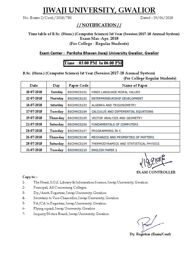 Time Table of B.sc. (Hons.) (Computer Science) Ist Year (Session 2017 ...