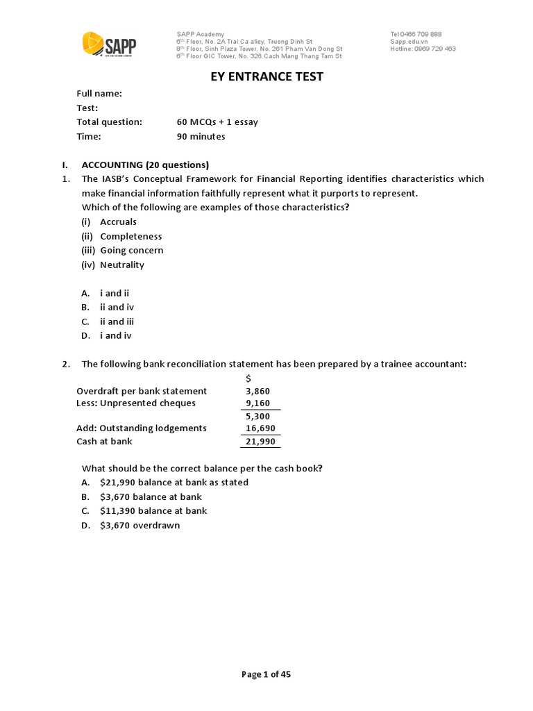 (Ey) Entrance Test & Answer | PDF | Debits And Credits | Audit