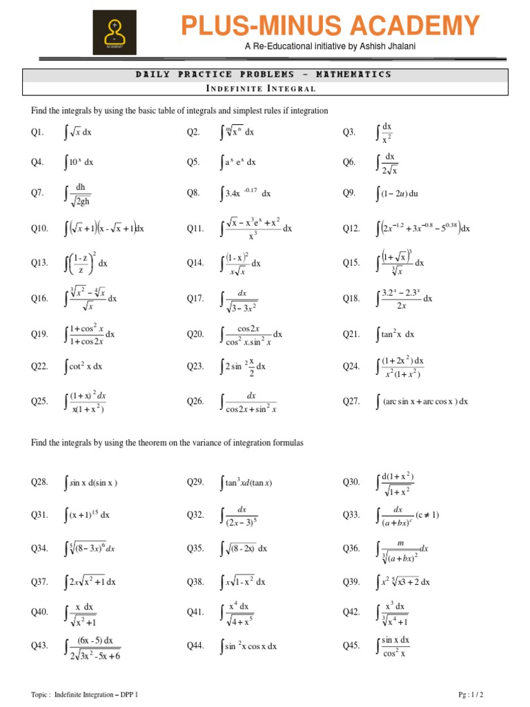 Indefinite Integral - DPP 1 | PDF | Functions And Mappings | Triangle Geometry