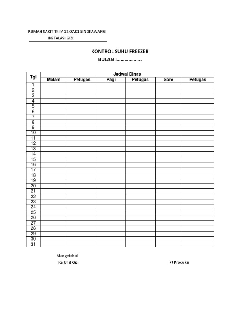 Kontrol Suhu Freezer Instalasi Gizi | PDF