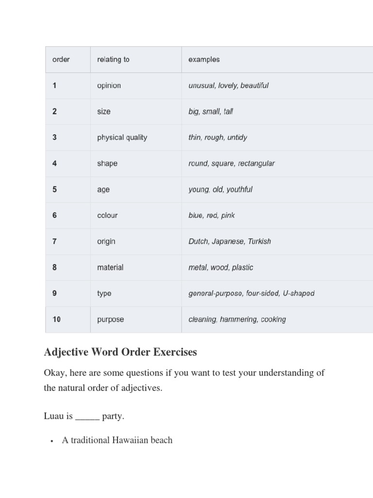 Adjective Word Order Exercises | PDF