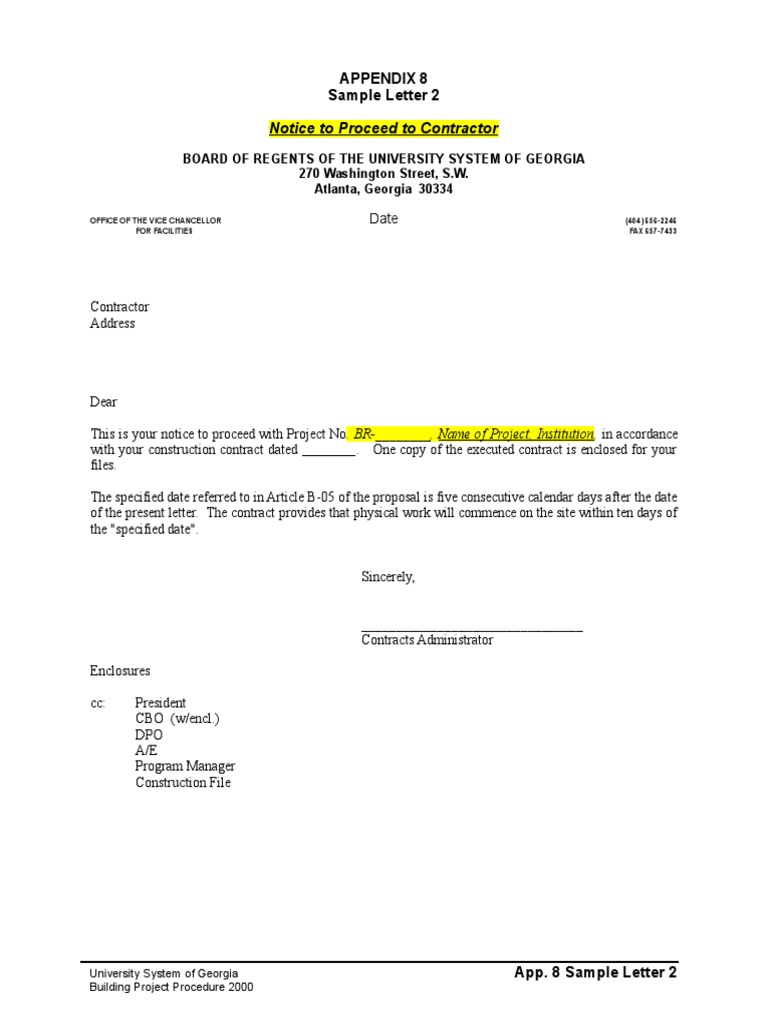 Notice To Proceed To Contractor: Appendix 8 Sample Letter 2 | PDF