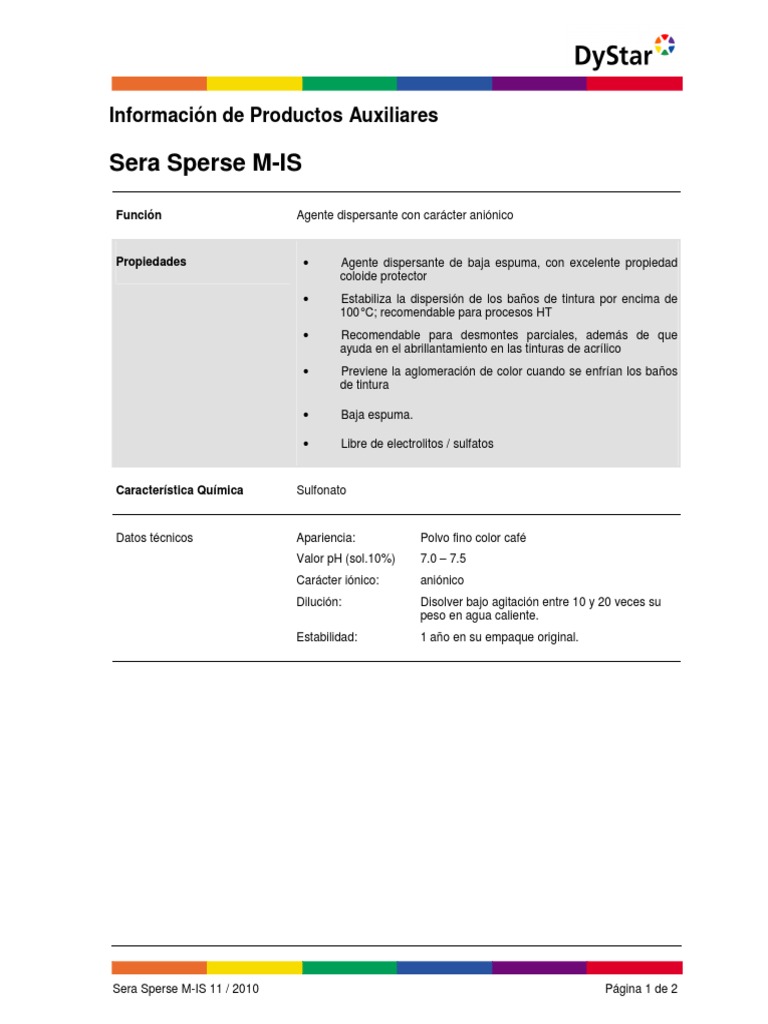 Uso y Dosis de Sera Sperse M-IS | PDF | Coloide | Ciencias fisicas