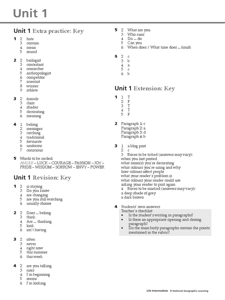 Unit 1: Extra Practice: Key | PDF | Language Arts & Discipline