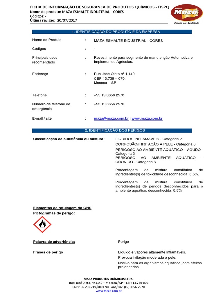 FISPQ Esmalte Industrial Cores | PDF | Oxigênio | Águas residuais