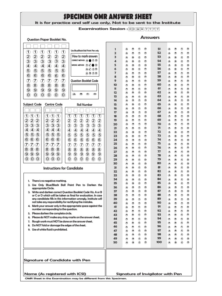 Specimen Omr Answer Sheet: Answers | PDF