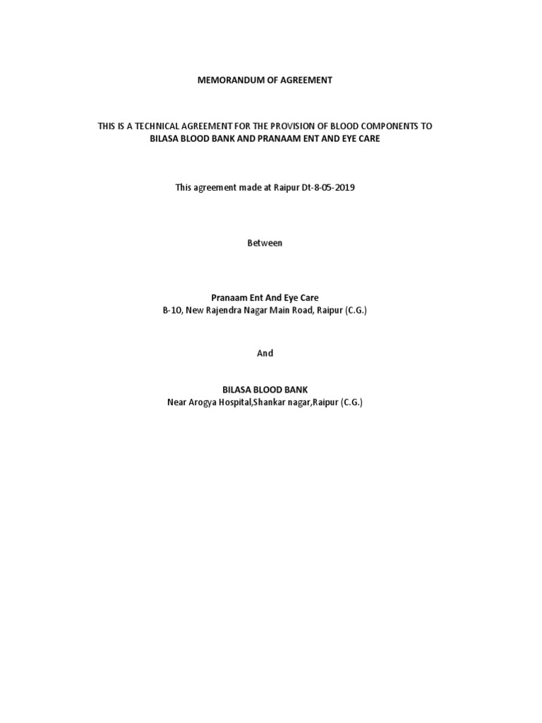 This Is A Technical Agreement For The Provision of Blood Components To ...