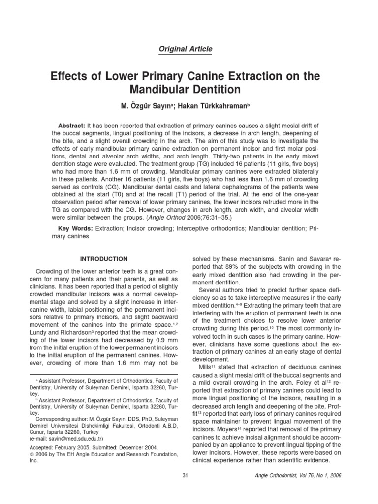 Effects of Lower Primary Canine Extraction On The Mandibular Dentition ...