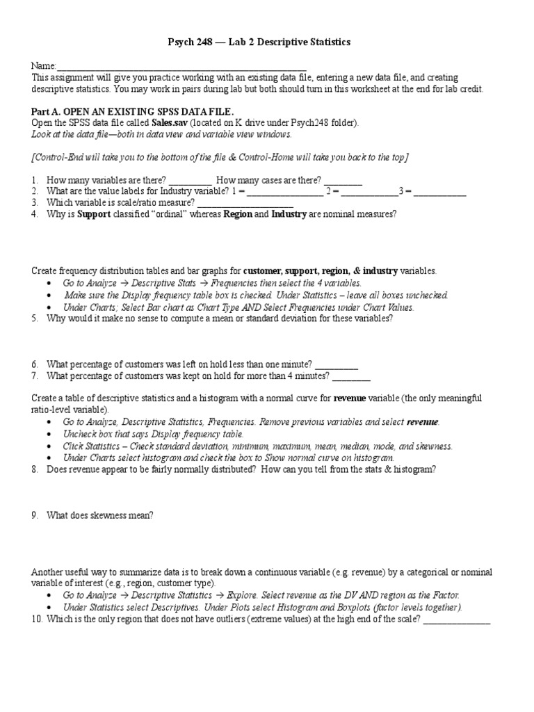 Lab 2 Worksheet | PDF | Descriptive Statistics | Statistics