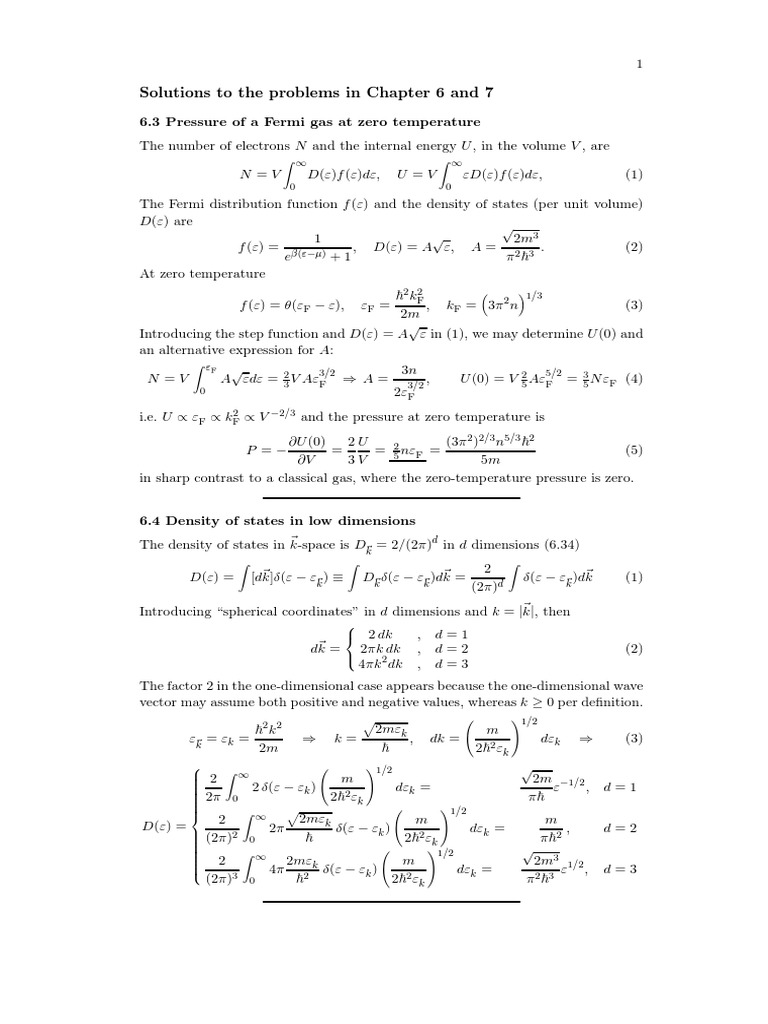 Solutions and Key Results for Problems Involving Fermi Gases, Density ...