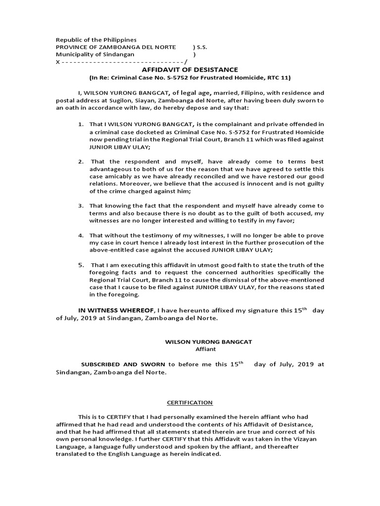 Affidavit of Desistance | PDF | Affidavit | Witness