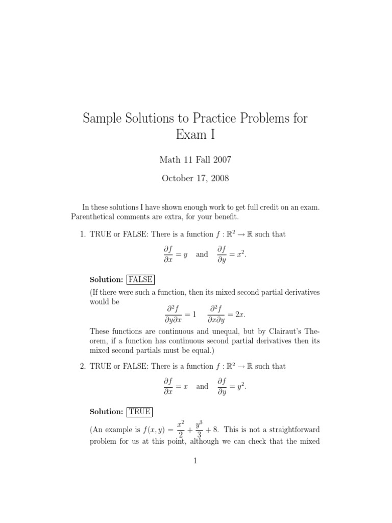 Math 11 Exam I Practice Solutions | PDF | Plane (Geometry) | Acceleration