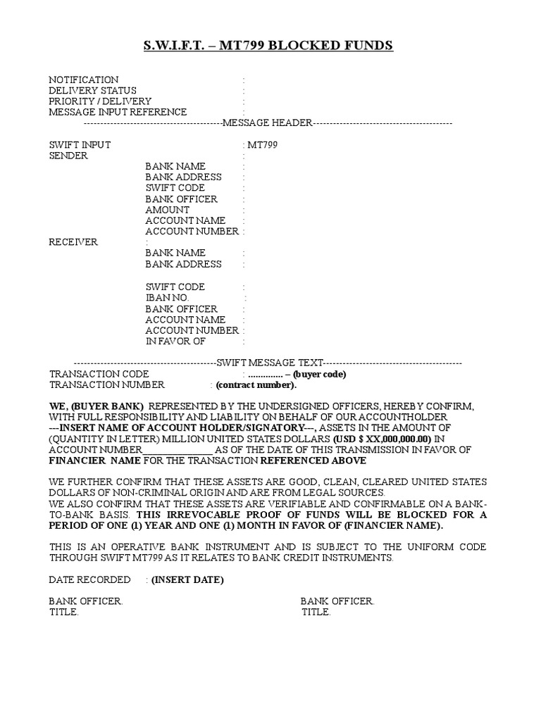Accepted MT799 Blocked Funds Verbiage | PDF | Financial Transaction | Banks