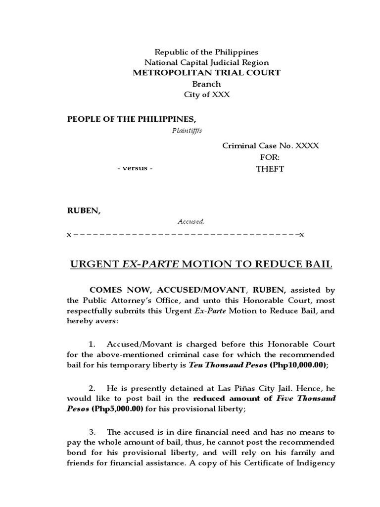 Urgent Ex-Parte Motion To Reduce Bail Ru | PDF | Bail | Criminal Justice