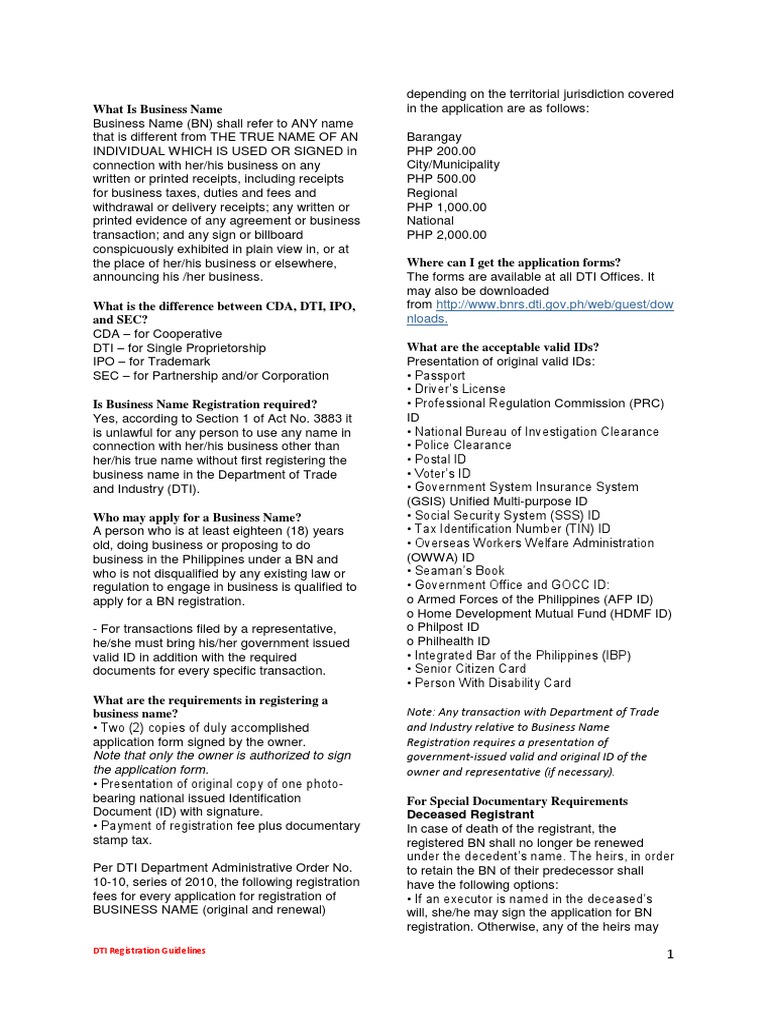 DTI Business Name Registration Guide | PDF | Identity Document | Banks