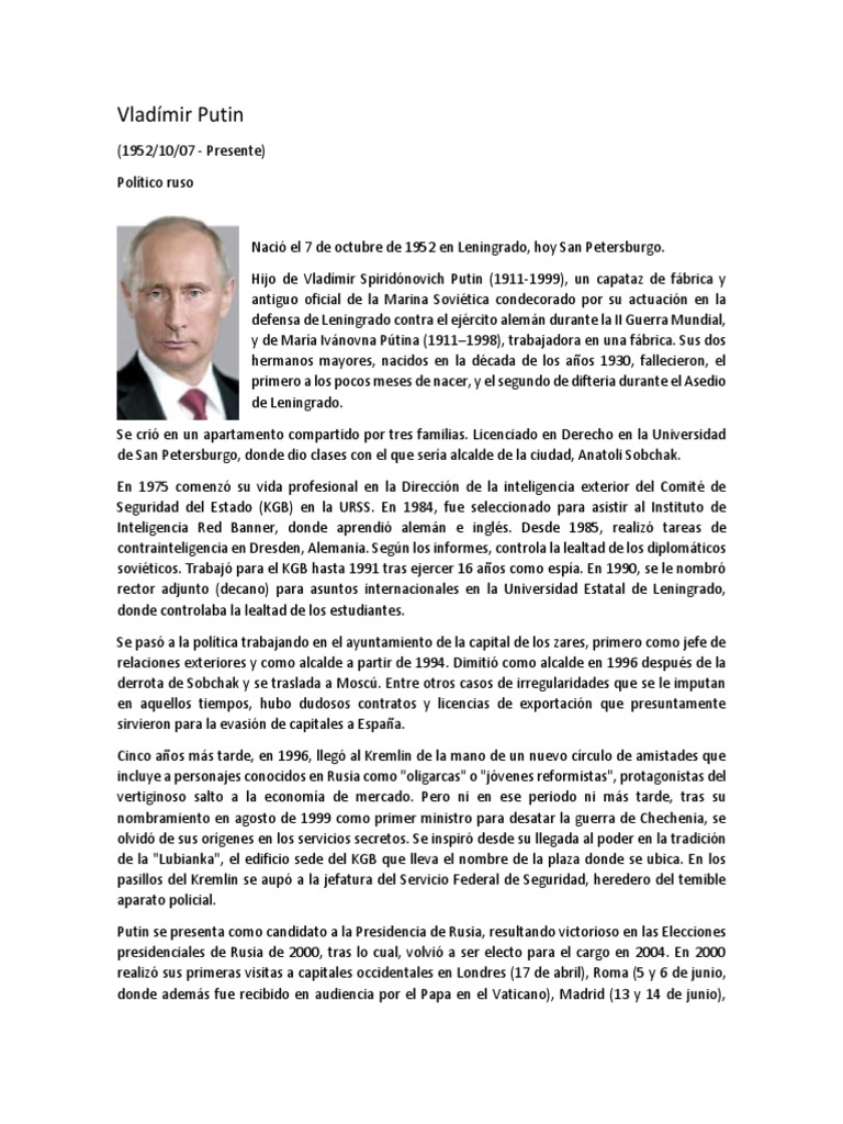 Biografía Vladimir Putin | PDF | Vladimir Putin | Política mundial