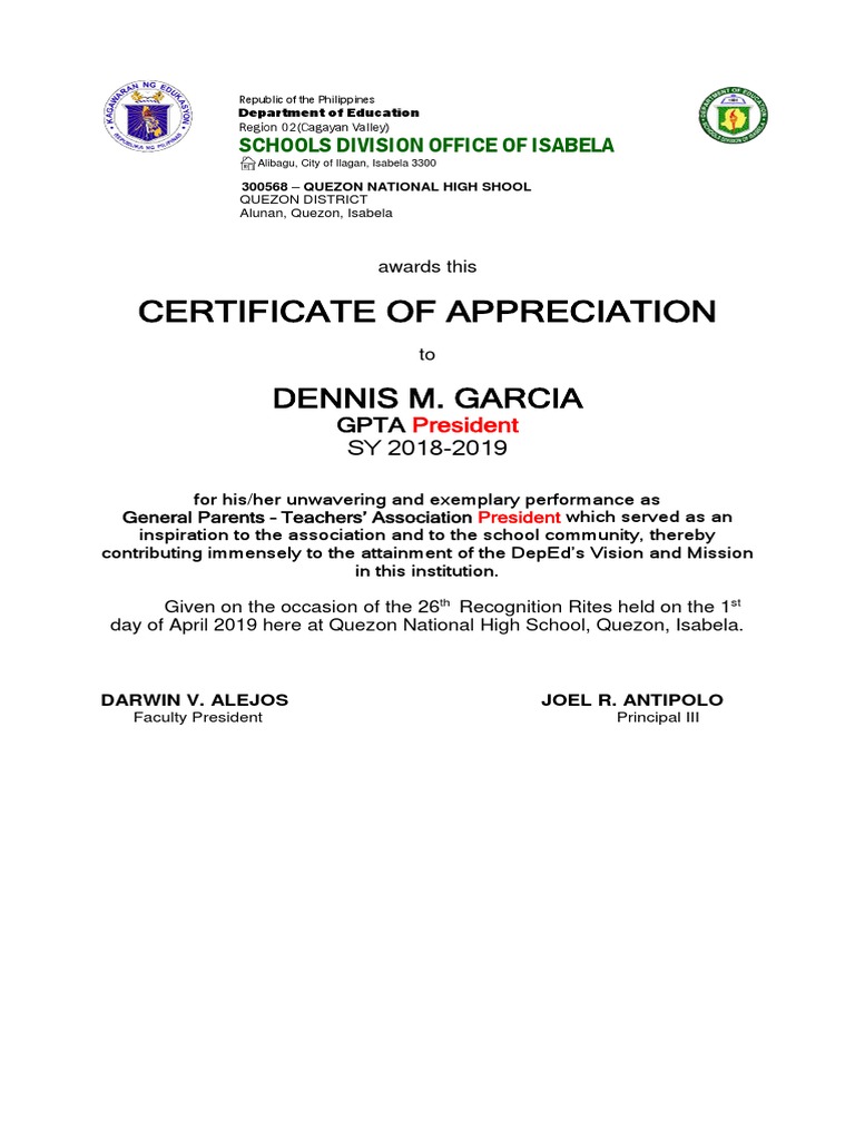 Certificate of Appreciation for GPTA President | PDF