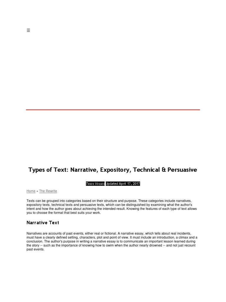 Types of Text: Narrative, Expository, Technical & Persuasive | PDF ...