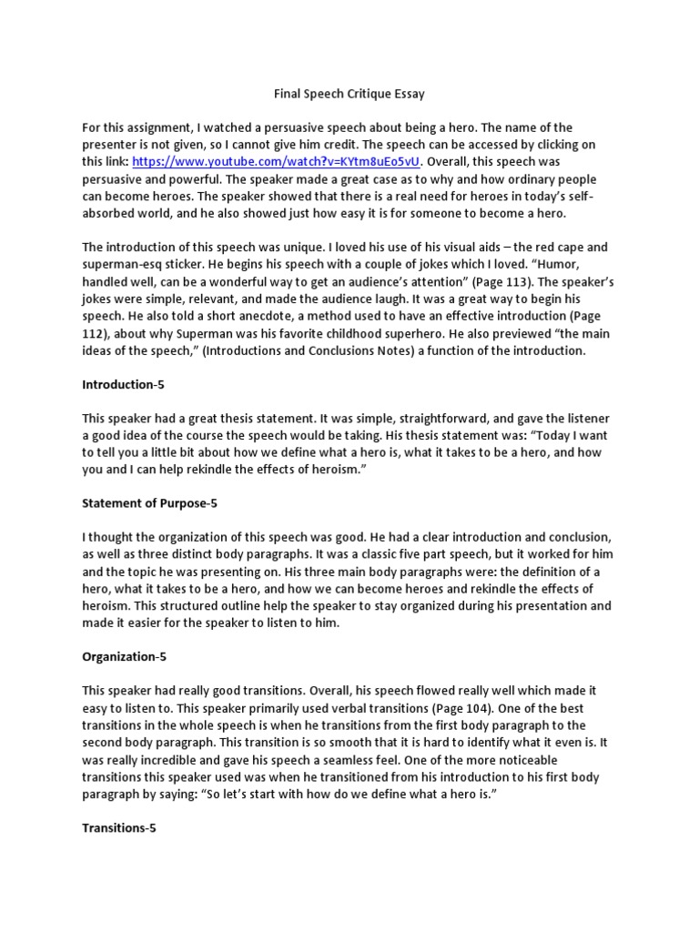 Final Speech Critique Essay | Download Free PDF | Hero | Gesture