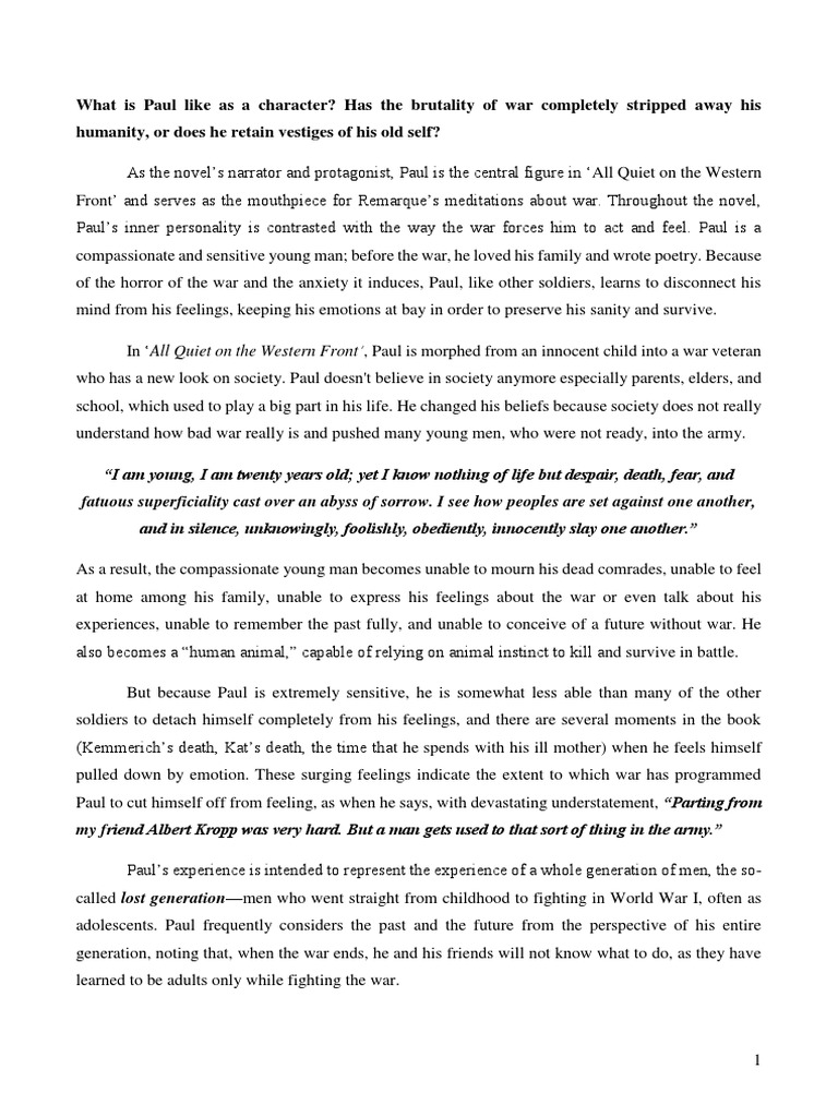 Character of Paul Baumer in All Quiet On The Western Front | PDF | Unrest