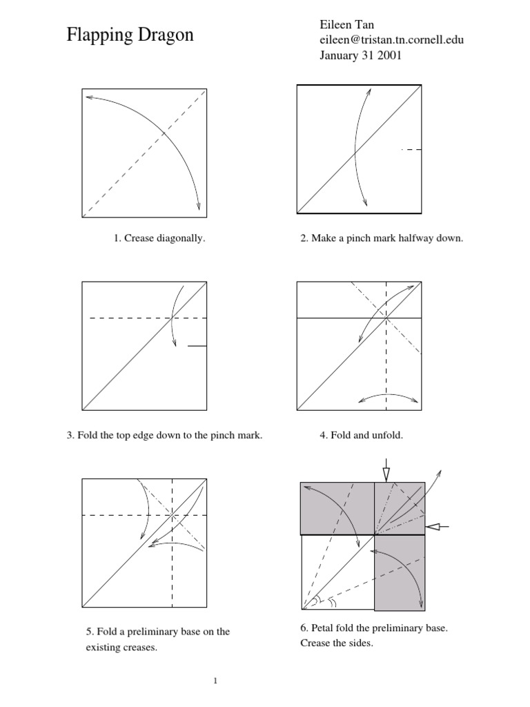 Flapping Dragon: 1. Crease Diagonally. 2. Make A Pinch Mark Halfway ...