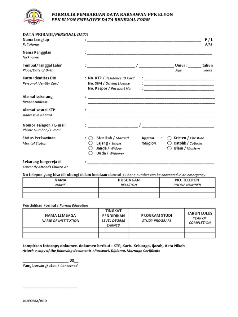 04 FORM HRD Form Pembaruan Data Karyawan PPK Elyon PDF | PDF