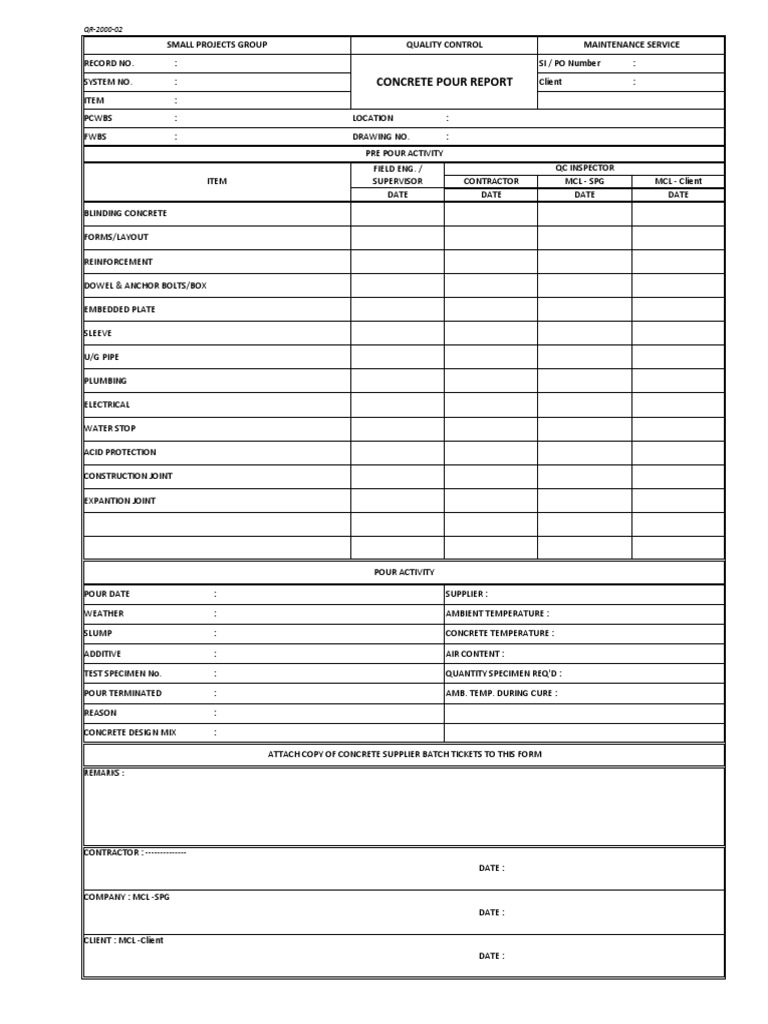 Qr-2000-02 - QC Concrete Pour Report Check List Form | Download Free ...