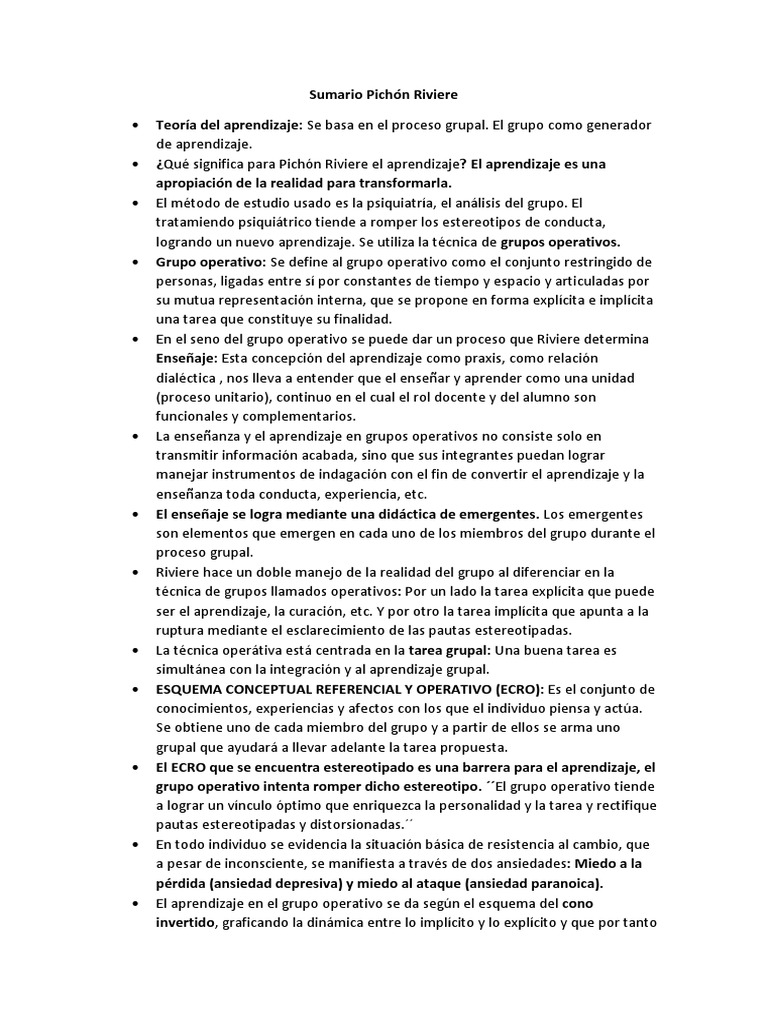 Aprendizaje Grupal según Pichón Riviere | PDF | Aprendizaje | Comunicación