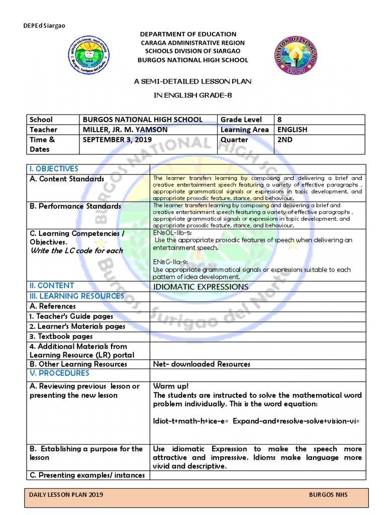 DLP Idioms | PDF | Idiom | Lesson Plan