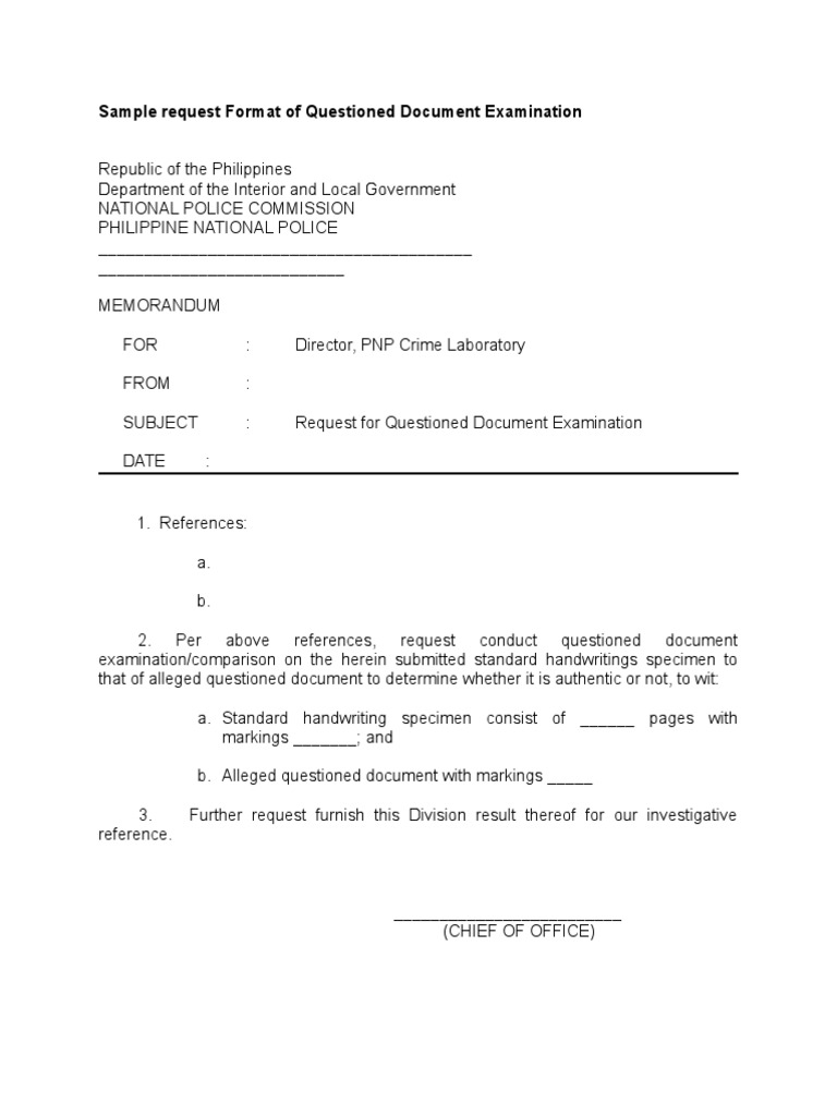 Sample Request Format of Questioned Document Examination | PDF
