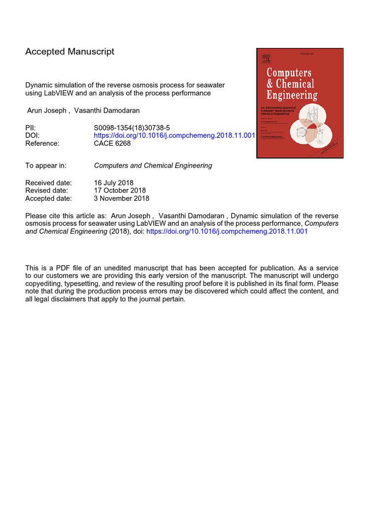 Accepted Manuscript: Computers and Chemical Engineering | PDF | Desalination | Osmosis