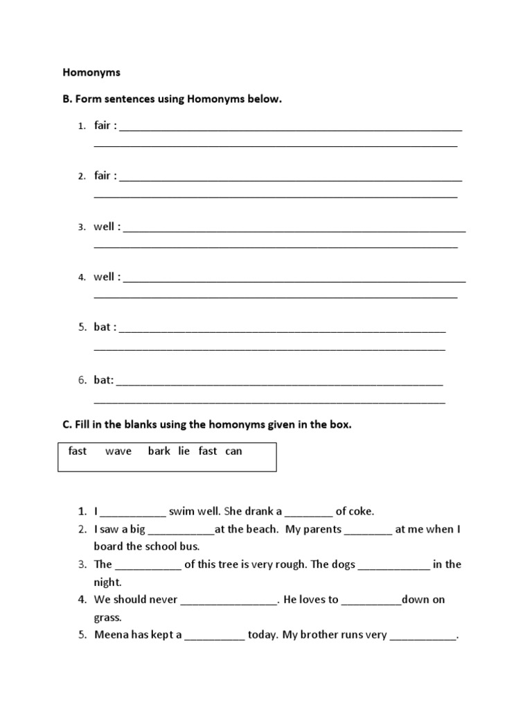 Homonyms B. Form Sentences Using Homonyms Below | PDF