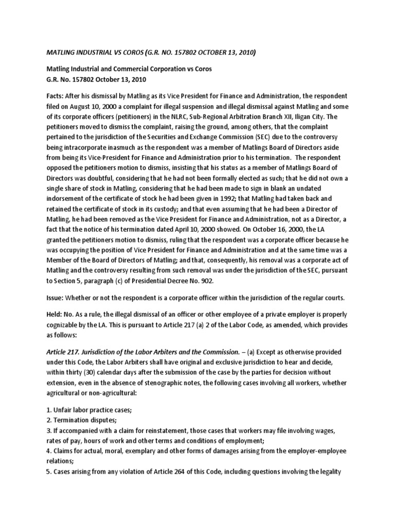 Matling Industrial Vs Coros (G.R. No. 157802 October 13, 2010) | PDF ...