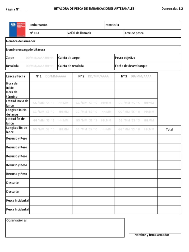Bitacora de Pesca de Embarcaciones Artesanales - Demersales 20190221 | PDF