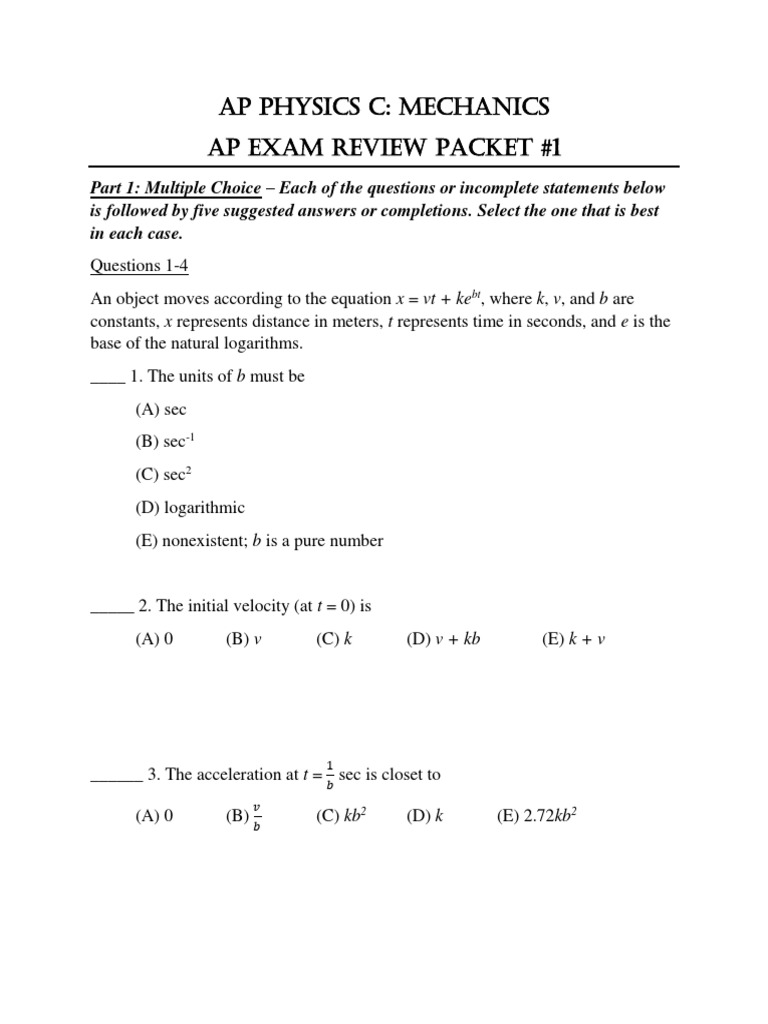 AP Physics Review Packet 1 | PDF | Torque | Mass