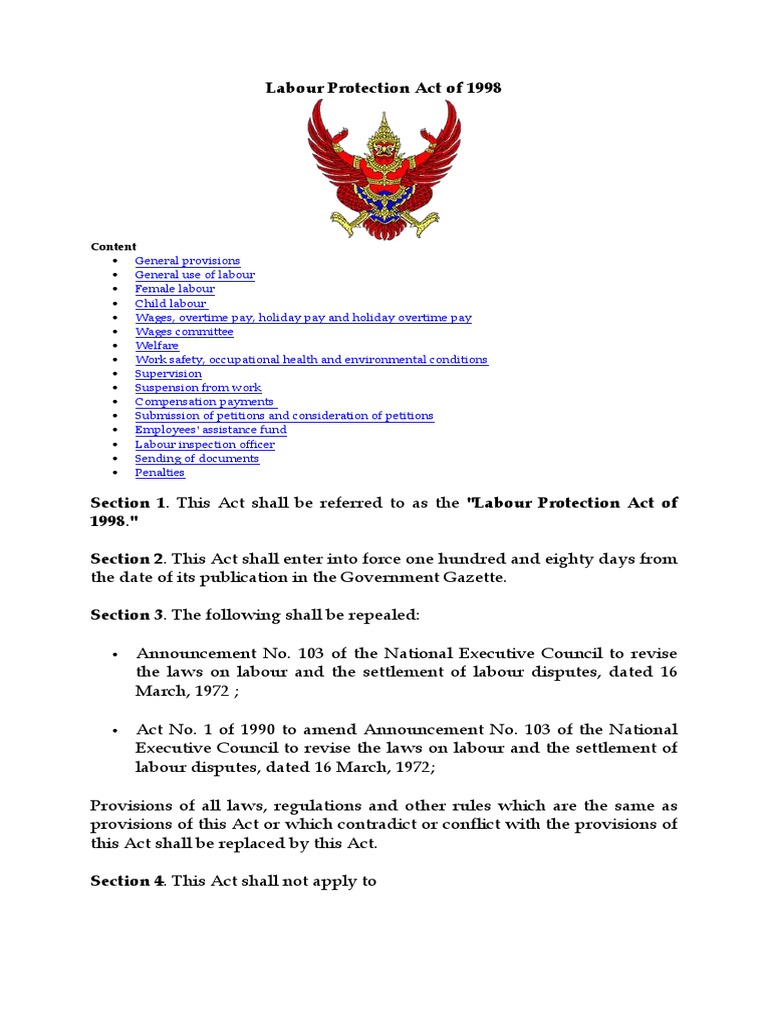 Labour Protection Act of 1998 | PDF | Overtime | Piece Work