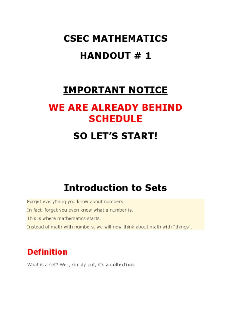 CSEC Math Lesson 1 To 2 - Introduction To Sets and Sub-Sets | PDF | Empty Set | Set (Mathematics)