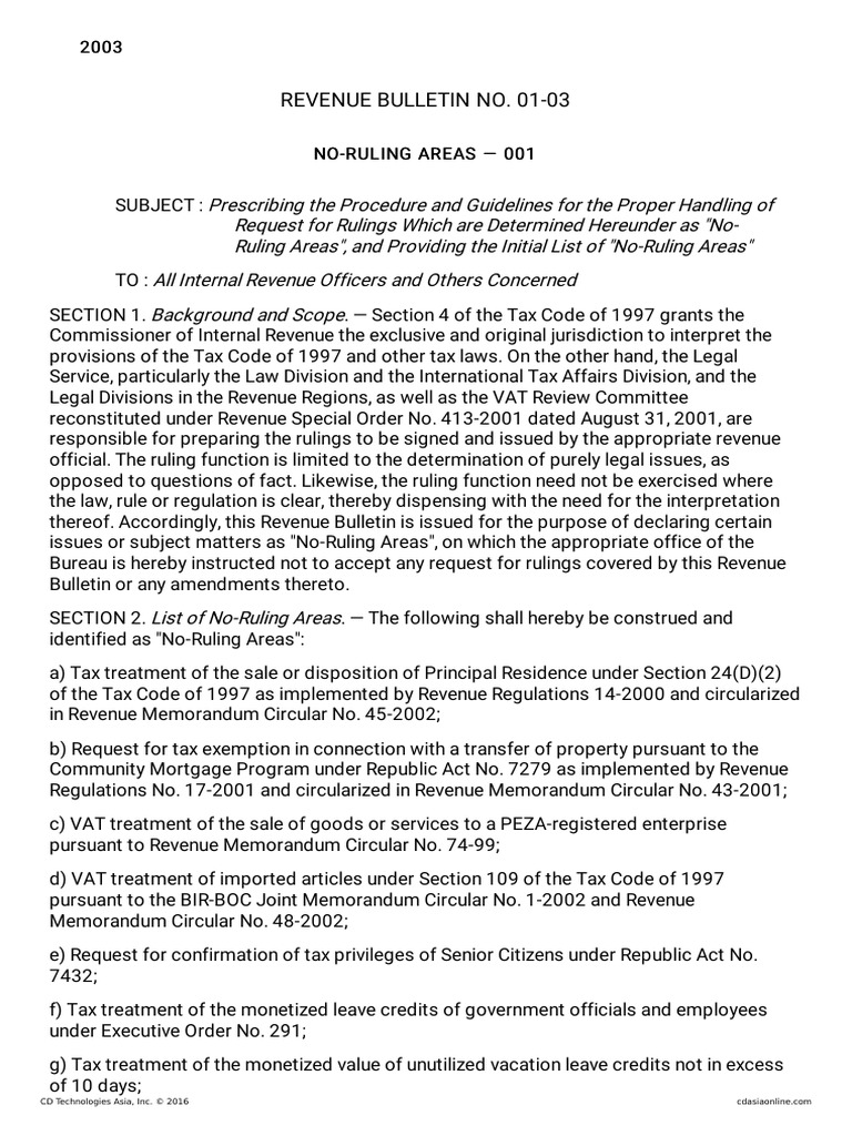 Revenue Bulletin No. 1-2003 No Ruling Areas | PDF | Taxation In The ...