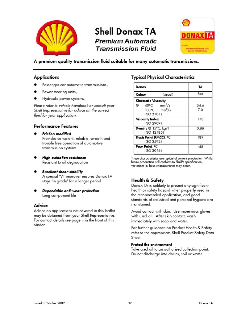 Shell Donax TA Transmission Fluid TDS PDF | PDF | Liquids | Mechanical ...