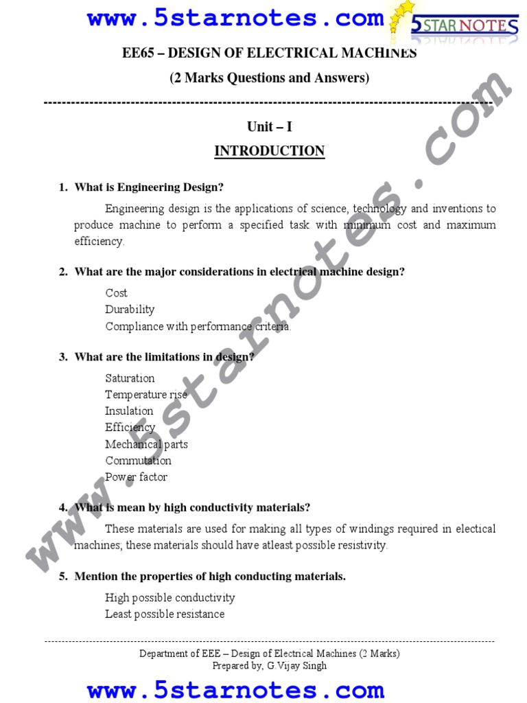 Ee65 - Design of Electrical Machines (2 Marks Questions and Answers ...