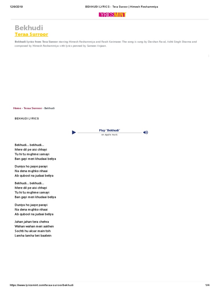 BEKHUDI LYRICS - Tera Suroor - Himesh Reshammiya | PDF | Bollywood