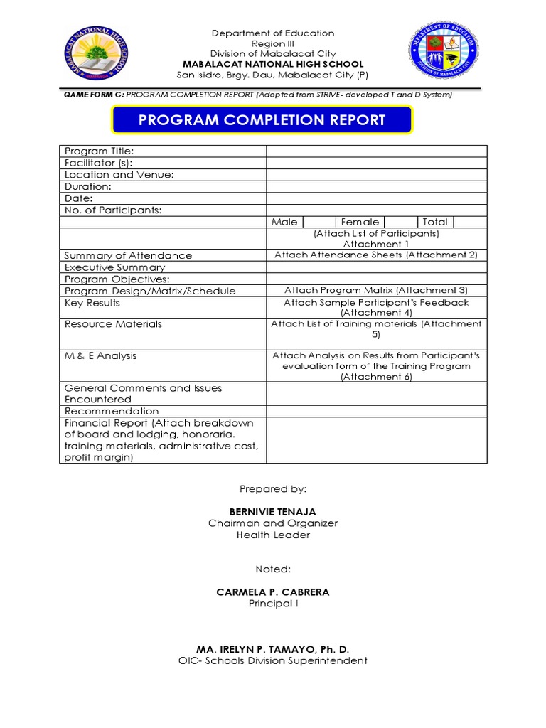 Program Completion Report: Mabalacat National High School | PDF | Business