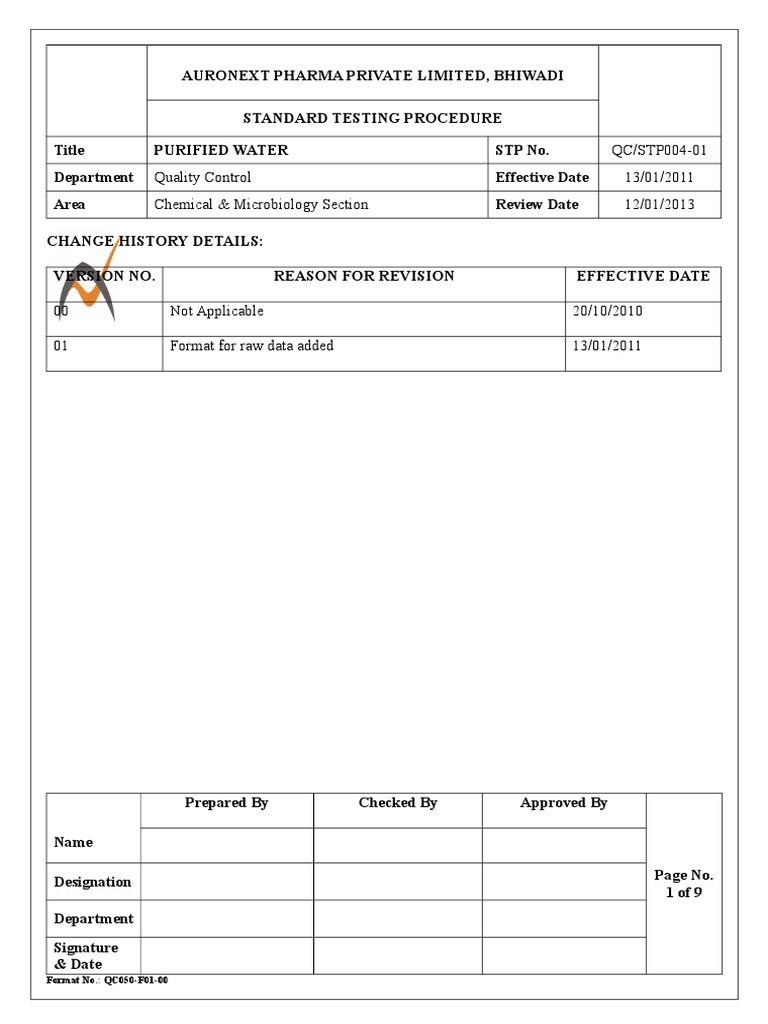 STP of Purified Water | PDF | Total Organic Carbon | Water Purification