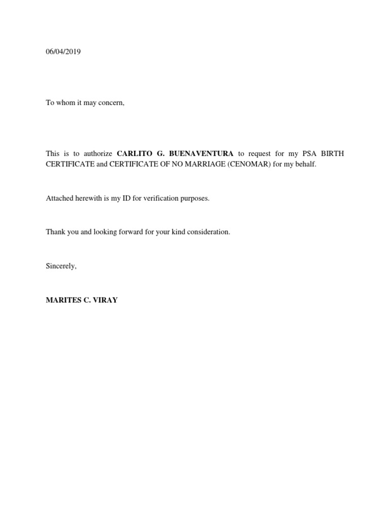 Authorization Letter for Carlito Buenaventura to Request PSA Birth ...