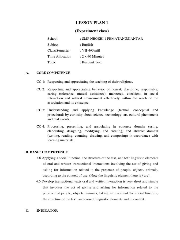 Lesson Plan 1 (Experiment Class) : A. Core Competence | PDF ...